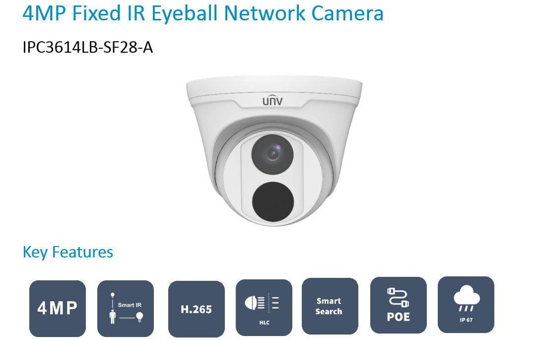 Uniview IPC3614LB- SF28- A 4MP Fixed IR Eyeball Dome Network Camera